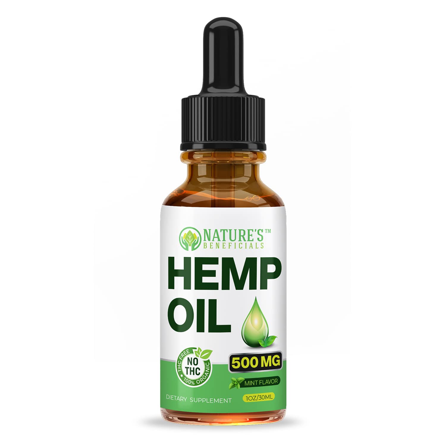 NATURE'S BENEFICIALS Organic Hemp Oil Extract Drops, 500mg - Omega Fatty Acids 3 6 9, Non-GMO Ultra-Pure & CO2 Extract Drops