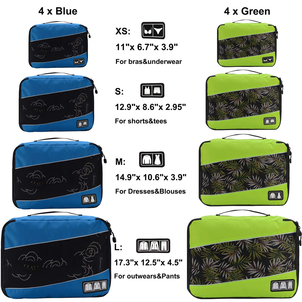 8 Set Packing Cubes, Travel Luggage Bags Organizers Mixed Color Set (Blue Green)