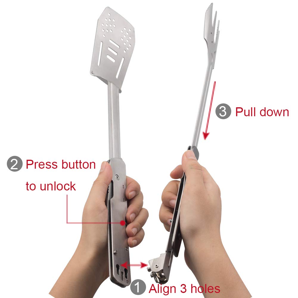 ROXON S601 14" 6 in 1 MBT3 Folding Grill Utensils Set Fork Spatula Grilling Knife Tongs Opener for Backyard Barbecue and Camping