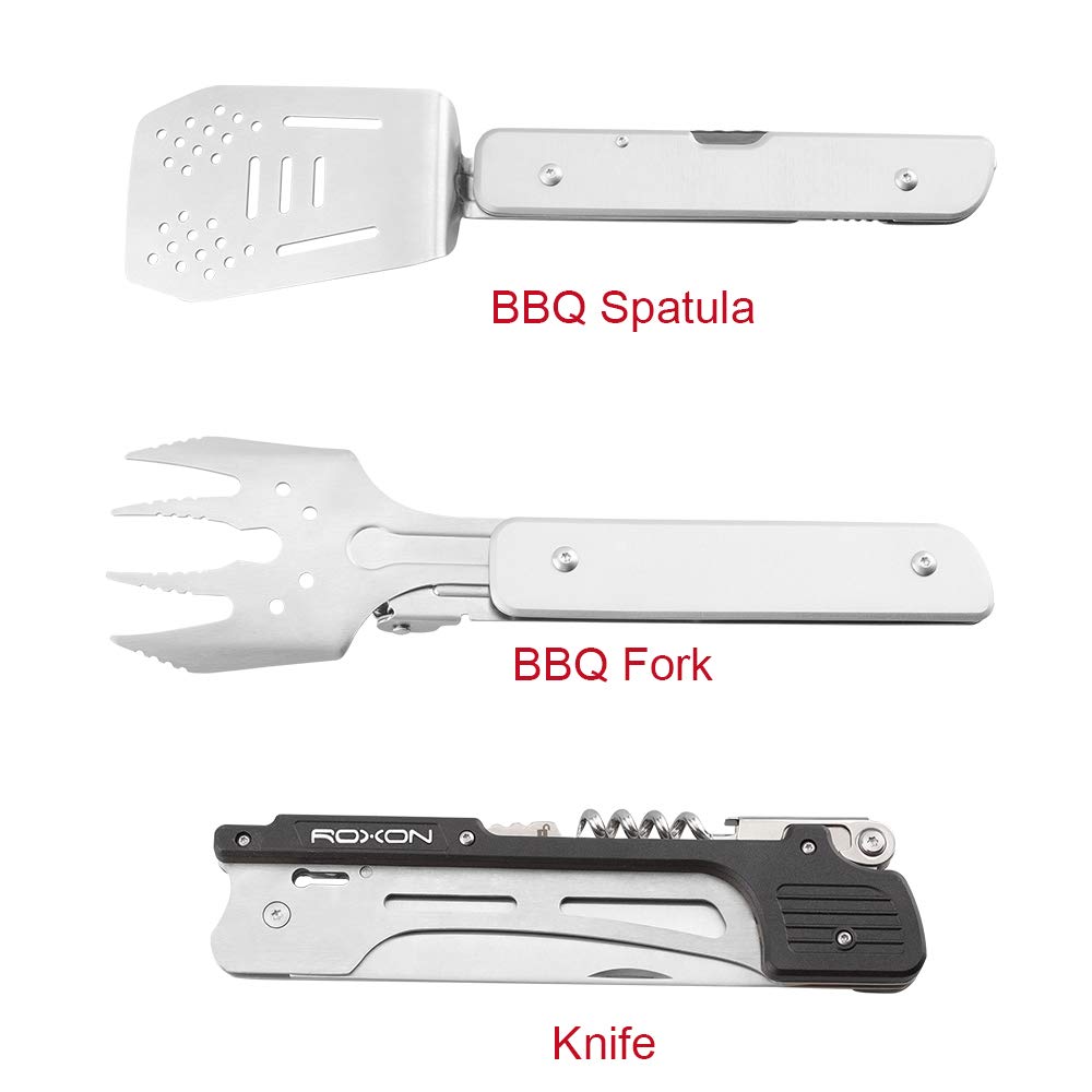 ROXON S601 14" 6 in 1 MBT3 Folding Grill Utensils Set Fork Spatula Grilling Knife Tongs Opener for Backyard Barbecue and Camping