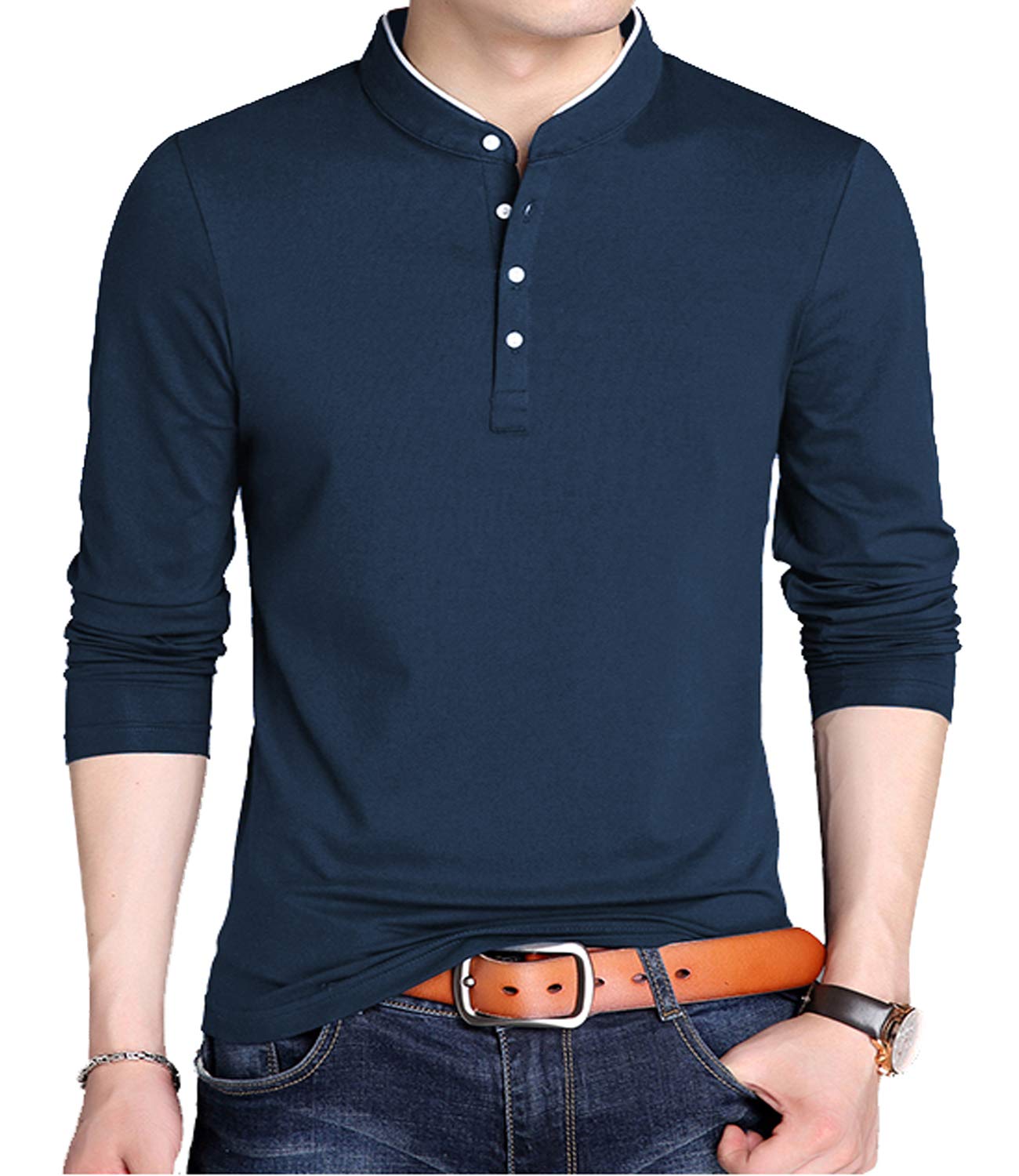 KUYIGO Men’s Casual Slim Fit Shirts Long Sleeve Polo Shirts Cotton Shirts Medium Navy