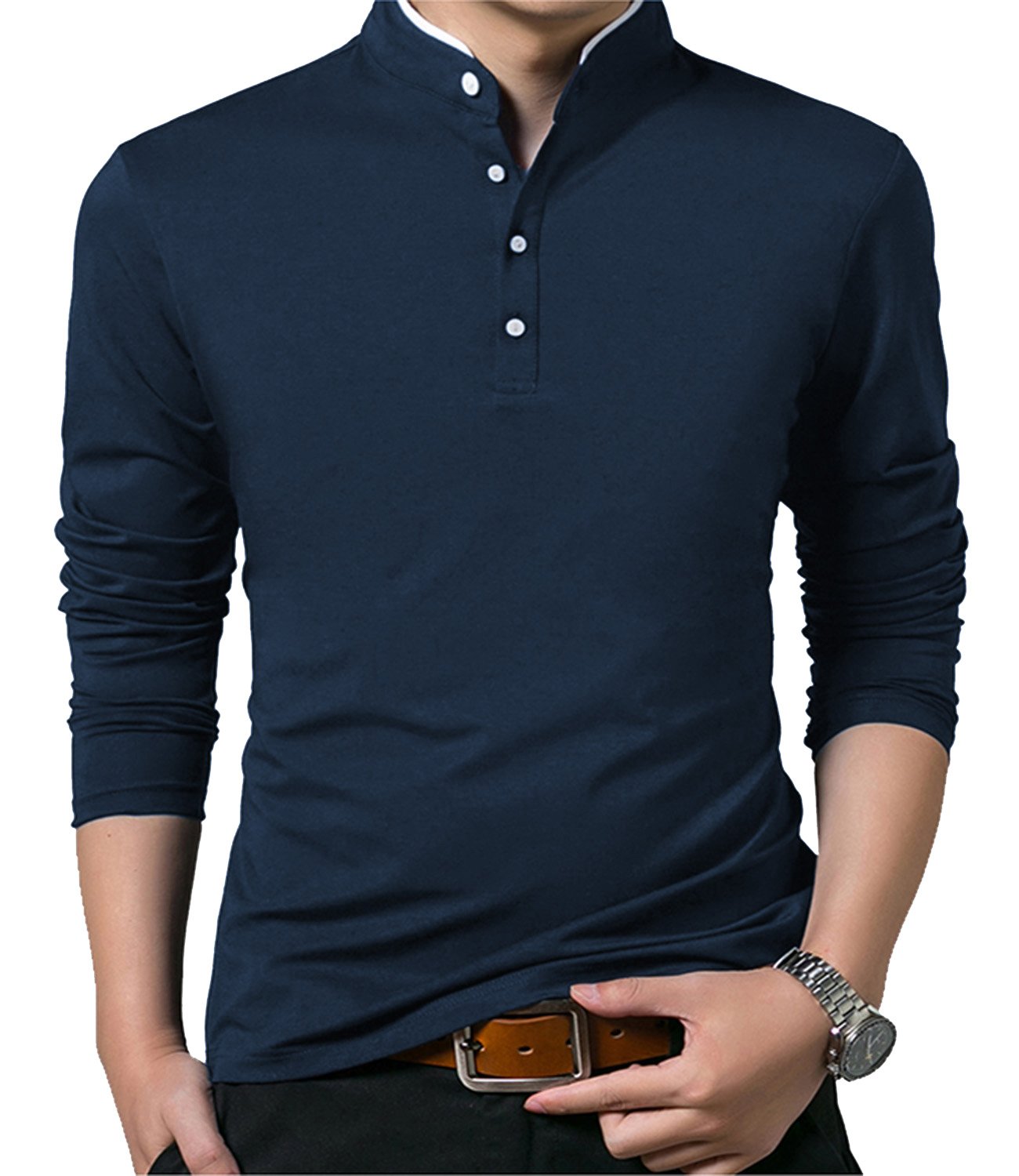 KUYIGO Men’s Casual Slim Fit Shirts Long Sleeve Polo Shirts Cotton Shirts Medium Navy