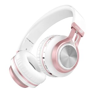 baseman wireless over ear headphones, long battery life deep bass bluetooth headphones with microphone wireless and wired headset for computer iphone teens girls women school travel - white rose gold