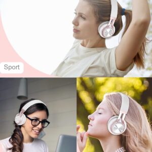 BASEMAN Wireless Over Ear Headphones, Long Battery Life Deep Bass Bluetooth Headphones with Microphone Wireless and Wired Headset for Computer iPhone Teens Girls Women School Travel - White Rose Gold