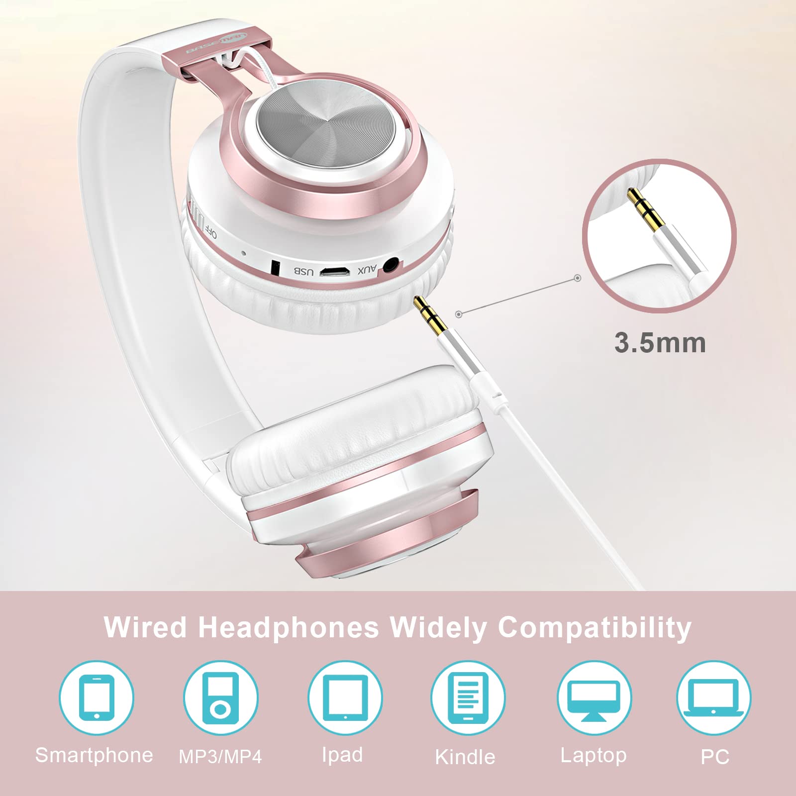 BASEMAN Wireless Over Ear Headphones, Long Battery Life Deep Bass Bluetooth Headphones with Microphone Wireless and Wired Headset for Computer iPhone Teens Girls Women School Travel - White Rose Gold