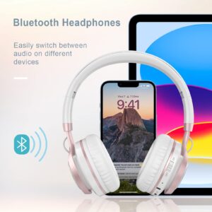 BASEMAN Wireless Over Ear Headphones, Long Battery Life Deep Bass Bluetooth Headphones with Microphone Wireless and Wired Headset for Computer iPhone Teens Girls Women School Travel - White Rose Gold