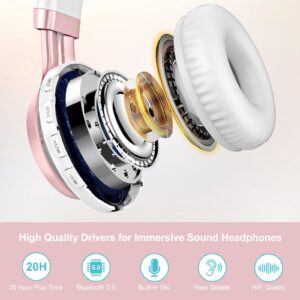 BASEMAN Wireless Over Ear Headphones, Long Battery Life Deep Bass Bluetooth Headphones with Microphone Wireless and Wired Headset for Computer iPhone Teens Girls Women School Travel - White Rose Gold