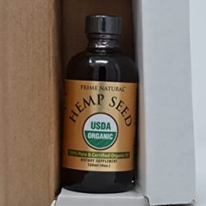 PRIME NATURAL Organic Hemp Seed Oil 4oz - USDA Certified - Sativa Oil - Pure, Cold Pressed, Virgin, Unrefined, Vegan, Food Grade - High Omega 3 6 9 Fatty Acids - Good for Face, Body, Skin & Hair Care