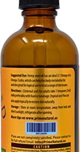 PRIME NATURAL Organic Hemp Seed Oil 4oz - USDA Certified - Sativa Oil - Pure, Cold Pressed, Virgin, Unrefined, Vegan, Food Grade - High Omega 3 6 9 Fatty Acids - Good for Face, Body, Skin & Hair Care