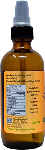 PRIME NATURAL Organic Hemp Seed Oil 4oz - USDA Certified - Sativa Oil - Pure, Cold Pressed, Virgin, Unrefined, Vegan, Food Grade - High Omega 3 6 9 Fatty Acids - Good for Face, Body, Skin & Hair Care