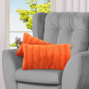 cheer collection faux fur throw pillows for couch with inserts included - decorative furry sofa pillows - 12" x 20" - rust (set of 2)