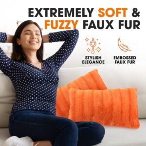 Cheer Collection Faux Fur Throw Pillows for Couch with Inserts Included - Decorative Furry Sofa Pillows - 12" x 20" - Rust (Set of 2)