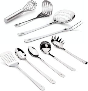 premium 9 piece stainless steel cooking & serving set - slotted turner & spoon, solid spoon, large fork, ladle, skimmer, whisk, potato masher & pasta server - heavy gauge durability - mirror finish