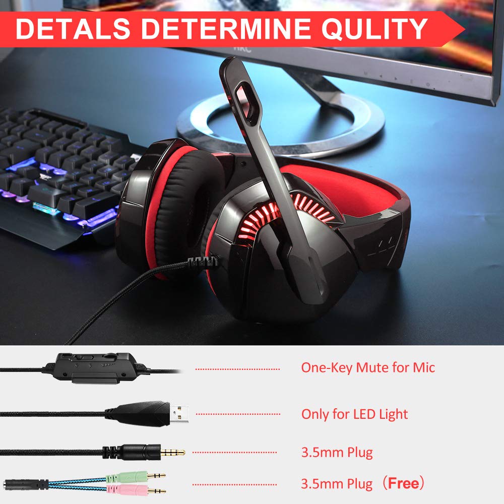 PHOINIKAS PS4 Gaming Headset with 7.1 Surround Sound, PC Headset with Noise Canceling Mic & LED Light, H3 Over Ear Headphones for Nintendo Switch, PS5, Xbox One, Laptop (Red)