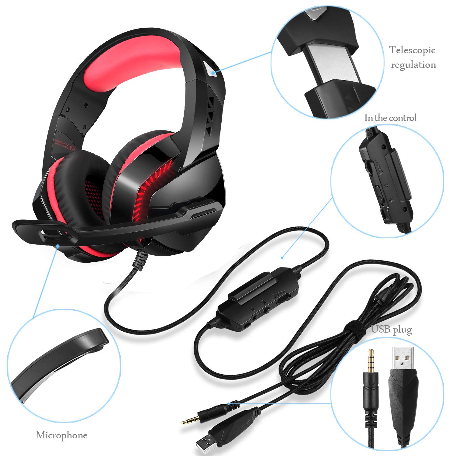 PHOINIKAS PS4 Gaming Headset with 7.1 Surround Sound, PC Headset with Noise Canceling Mic & LED Light, H3 Over Ear Headphones for Nintendo Switch, PS5, Xbox One, Laptop (Red)