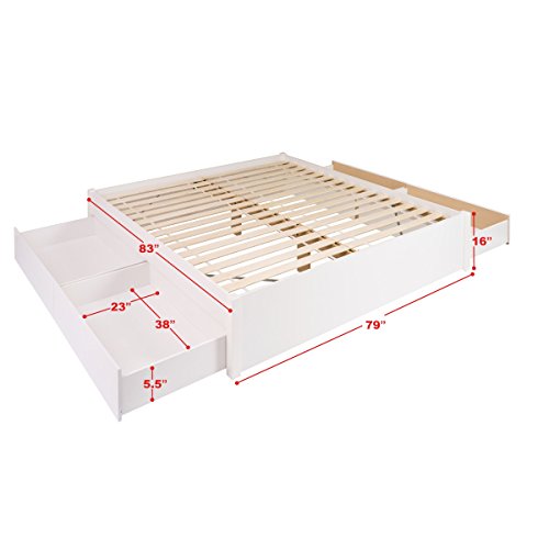 Prepac Select King 4-Post Raised Platform 4-Drawer Storage Bed, Modern King Storage Bed with Drawers 83" D x 79" W x 16" H, White, WBSK-1302-4K