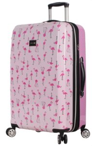 betsey johnson 26 inch checked luggage collection - expandable scratch resistant (abs + pc) hardside suitcase - designer lightweight bag with 8-rolling spinner wheels (flamingo strut)