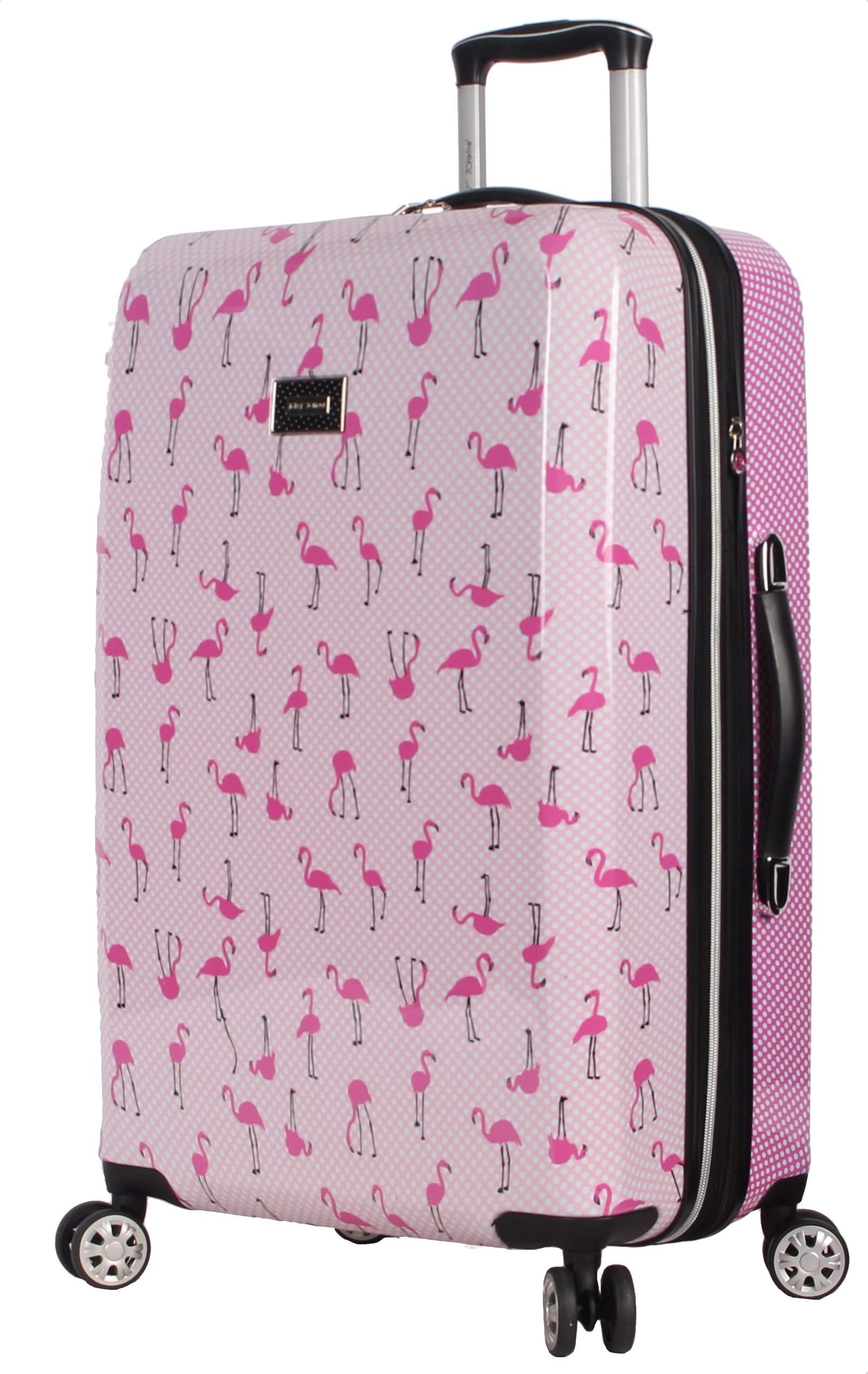 Betsey Johnson 26 Inch Checked Luggage Collection - Expandable Scratch Resistant (ABS + PC) Hardside Suitcase - Designer Lightweight Bag with 8-Rolling Spinner Wheels (Flamingo Strut)