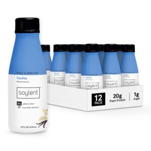 soylent vanilla meal replacement shake, ready-to-drink plant based protein drink, contains 20g complete vegan protein and 1g sugar, 14oz, 12 pack