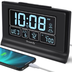 dreamsky alarm clocks for bedrooms with battery backup, auto set digital clock with date and day of week, temperature, usb port, auto dst, dimmer, 12/24h