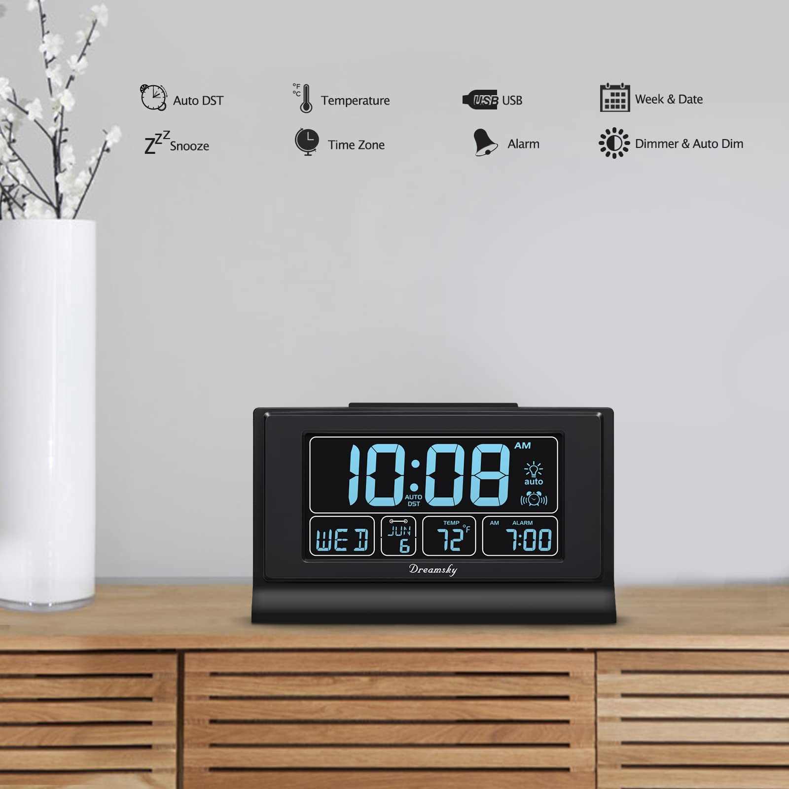 DreamSky Alarm Clocks for Bedrooms with Battery Backup, Auto Set Digital Clock with Date and Day of Week, Temperature, USB Port, Auto DST, Dimmer, 12/24H