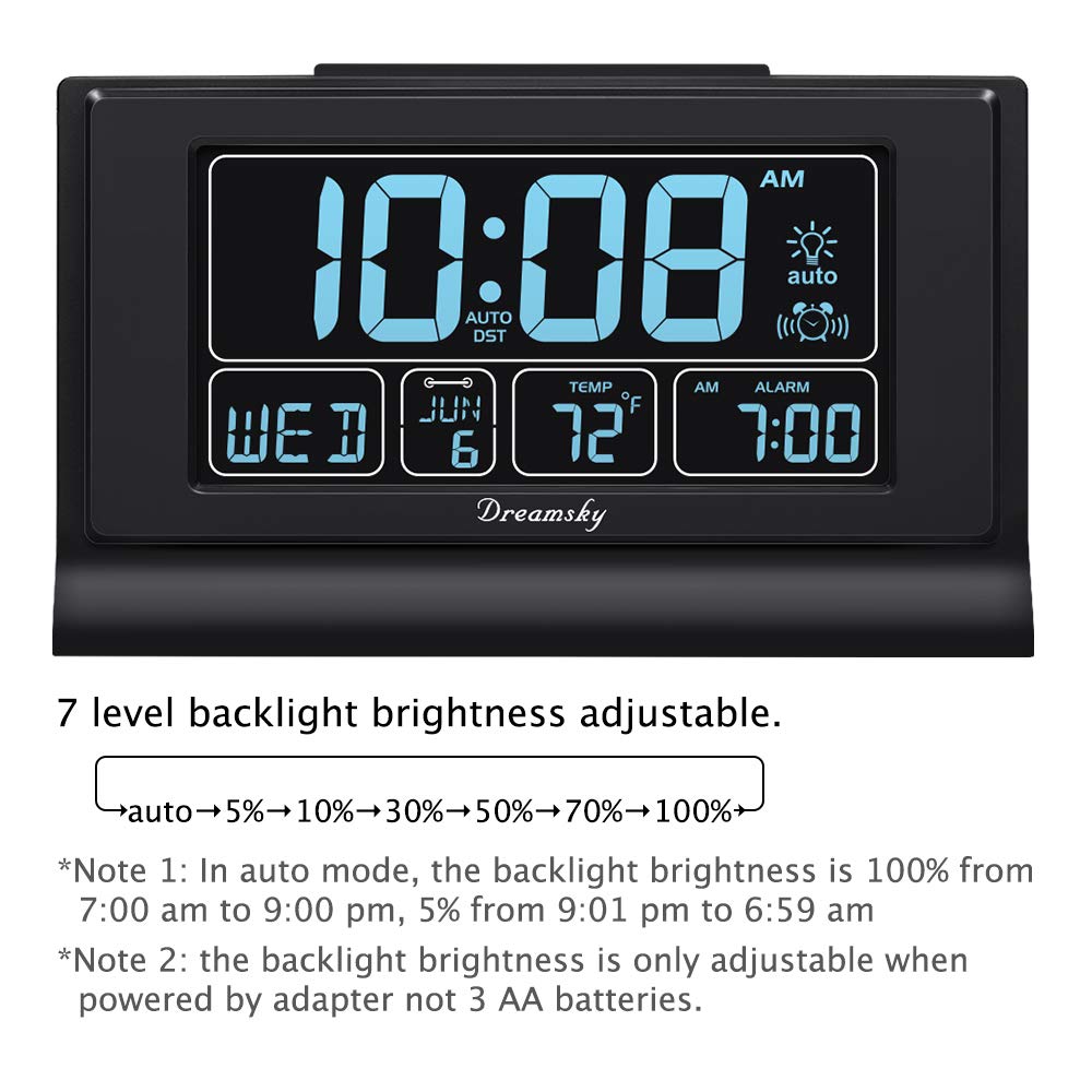 DreamSky Alarm Clocks for Bedrooms with Battery Backup, Auto Set Digital Clock with Date and Day of Week, Temperature, USB Port, Auto DST, Dimmer, 12/24H