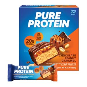 pure protein bars, high protein, nutritious snacks to support energy, low sugar, gluten free, chocolate peanut caramel, 1.76oz, 12 count (pack of 1) (packaging may vary)