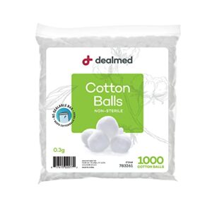 dealmed 1000 ct. cotton balls for face, makeup, medical uses, & diy crafts | non-sterile bulk pack | resealable zip-locked bag | 100% pure cotton, soft, absorbent, gentle (pack of 1)