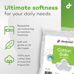 Dealmed 1000 ct. Cotton Balls for Face, Makeup, Medical Uses, & DIY Crafts | Non-Sterile Bulk Pack | Resealable Zip-Locked Bag | 100% Pure Cotton, Soft, Absorbent, Gentle (Pack of 1)