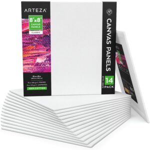 arteza canvas boards for painting, 8 x 8 inches, pack of 14, blank white canvas panels for acrylic, oil and gouache painting