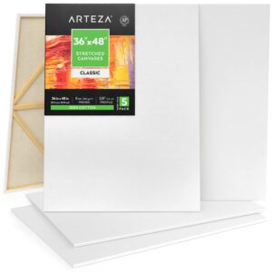 arteza stretched canvas, 36 x 48 inches, pack of 5, blank white large canvas for painting for acrylic, oil and gouache paints