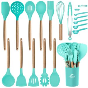 mibote 17 pcs silicone cooking kitchen utensils set with holder, wooden handles cooking tool bpa free turner tongs spatula spoon kitchen gadgets set for nonstick cookware (teal)