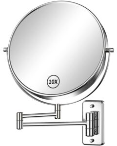 gospire 9" large size wall mount makeup mirror with 1x/10x magnification double-sided 360° swivel vanity mirror，chrome polished extendable shaving bathroom wall cosmetic mirror for men and women