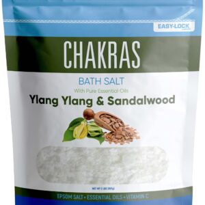 Chakras Bath Salt 32 Ounces Epsom Salt with Natural Ylang Ylang, Sandalwood, Eucalyptus, Frankincense, Chamomile and Cinnamon Essential Oils Plus Vitamin C in BPA Free Pouch with Easy Press-Lock Seal