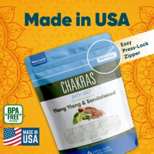 Chakras Bath Salt 32 Ounces Epsom Salt with Natural Ylang Ylang, Sandalwood, Eucalyptus, Frankincense, Chamomile and Cinnamon Essential Oils Plus Vitamin C in BPA Free Pouch with Easy Press-Lock Seal