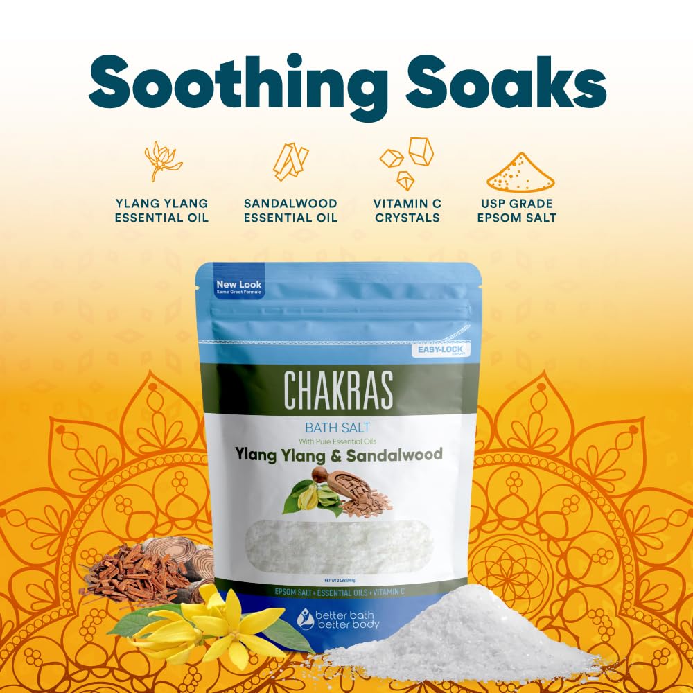 Chakras Bath Salt 32 Ounces Epsom Salt with Natural Ylang Ylang, Sandalwood, Eucalyptus, Frankincense, Chamomile and Cinnamon Essential Oils Plus Vitamin C in BPA Free Pouch with Easy Press-Lock Seal