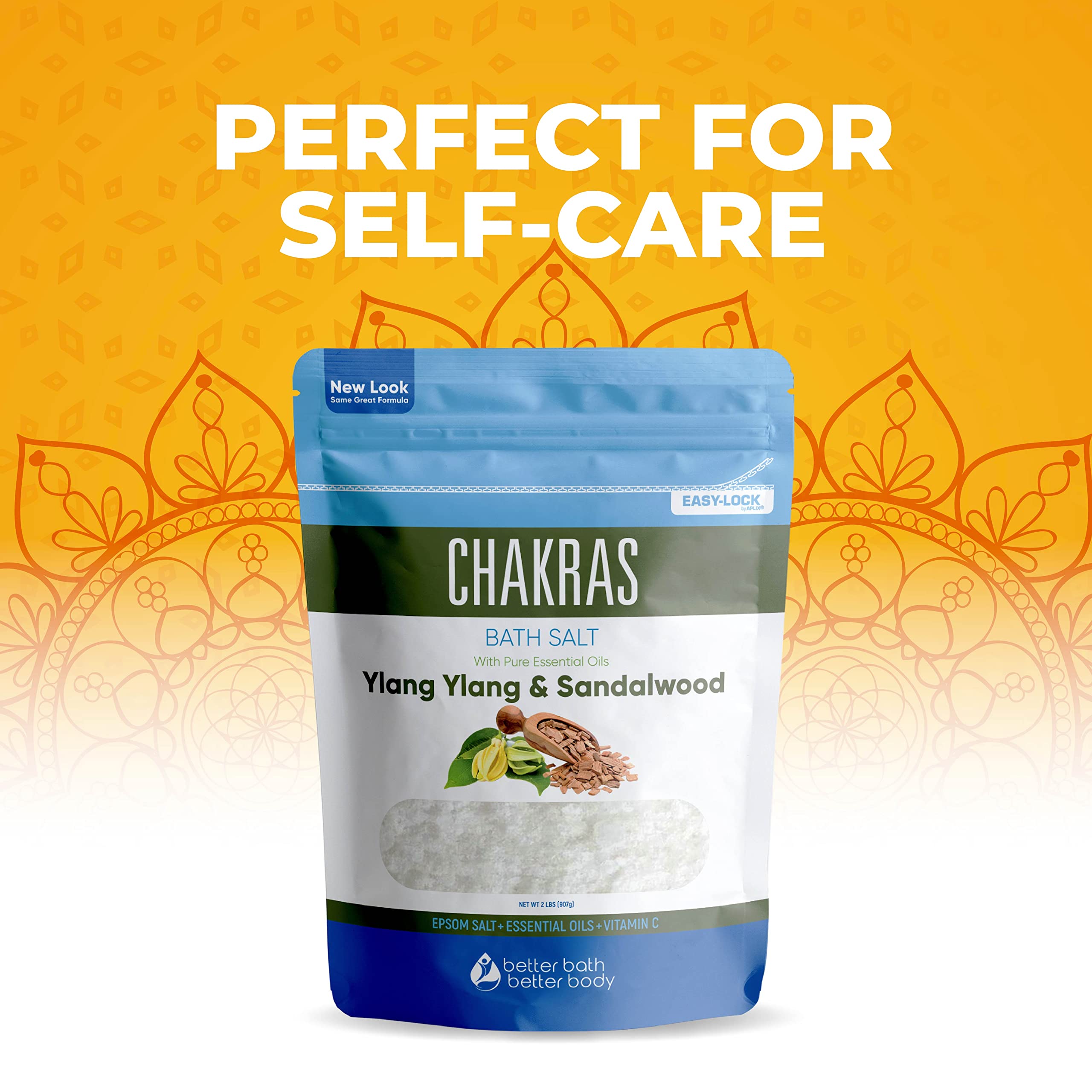 Chakras Bath Salt 32 Ounces Epsom Salt with Natural Ylang Ylang, Sandalwood, Eucalyptus, Frankincense, Chamomile and Cinnamon Essential Oils Plus Vitamin C in BPA Free Pouch with Easy Press-Lock Seal