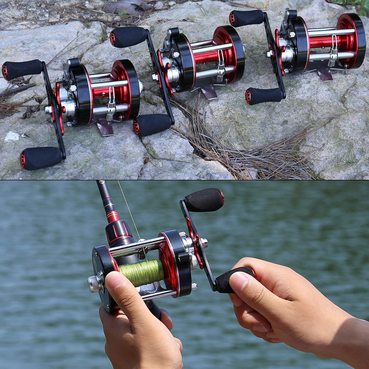 Sougayilang Fishing reels Round Baitcasting Reel - Conventional Reel - Reinforced Metal Body and Supreme Star Drag-Right Hand-Red-Black-Warrior 6000