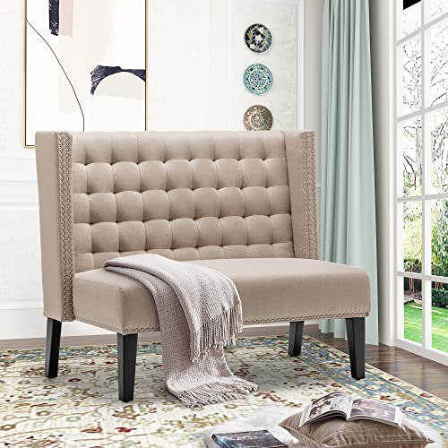 46" Small Modern Loveseat Settee Sofa 2-Seat Sofa Couch Tufted Love Seat Dining Bench with Nail Head Trim Back Banquette Sofas for Living Room Small Space Entryway Hallway Khaki