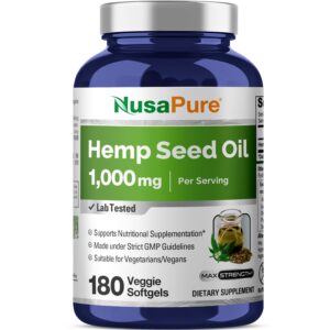 nusapure hemp oil capsules, 1,000mg per serving, 180 veggie softgels, non-gmo, vegan