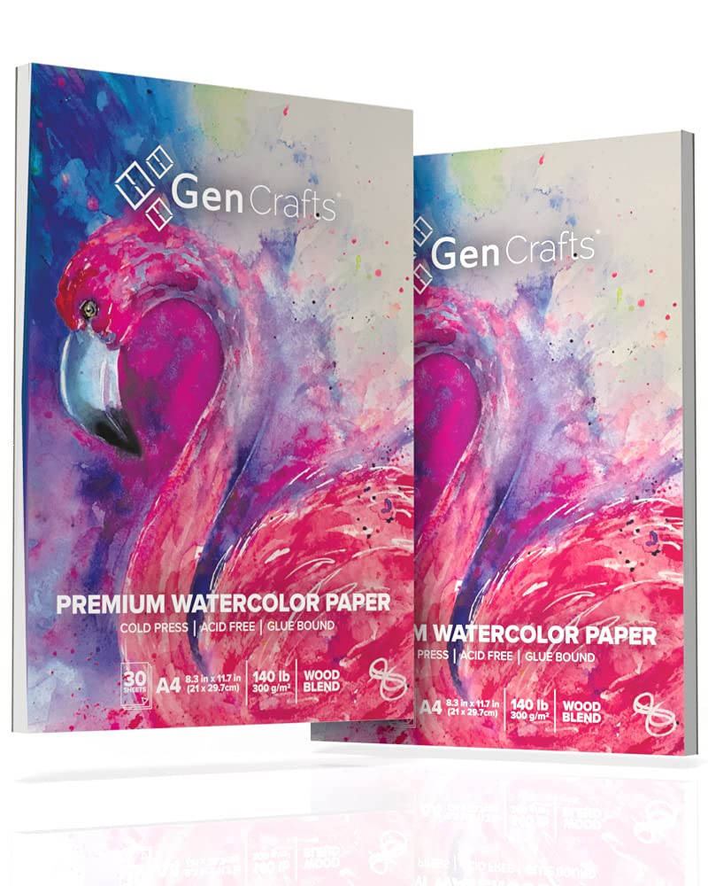 GenCrafts Watercolor Paper Pad 2 Pack - A4 8.3x11.7" - 60 Sheets Total (140lb/ 300gsm) - Cold Press Acid Free Art Sketchbook Pad for Painting & Drawing, Wet, Mixed Media