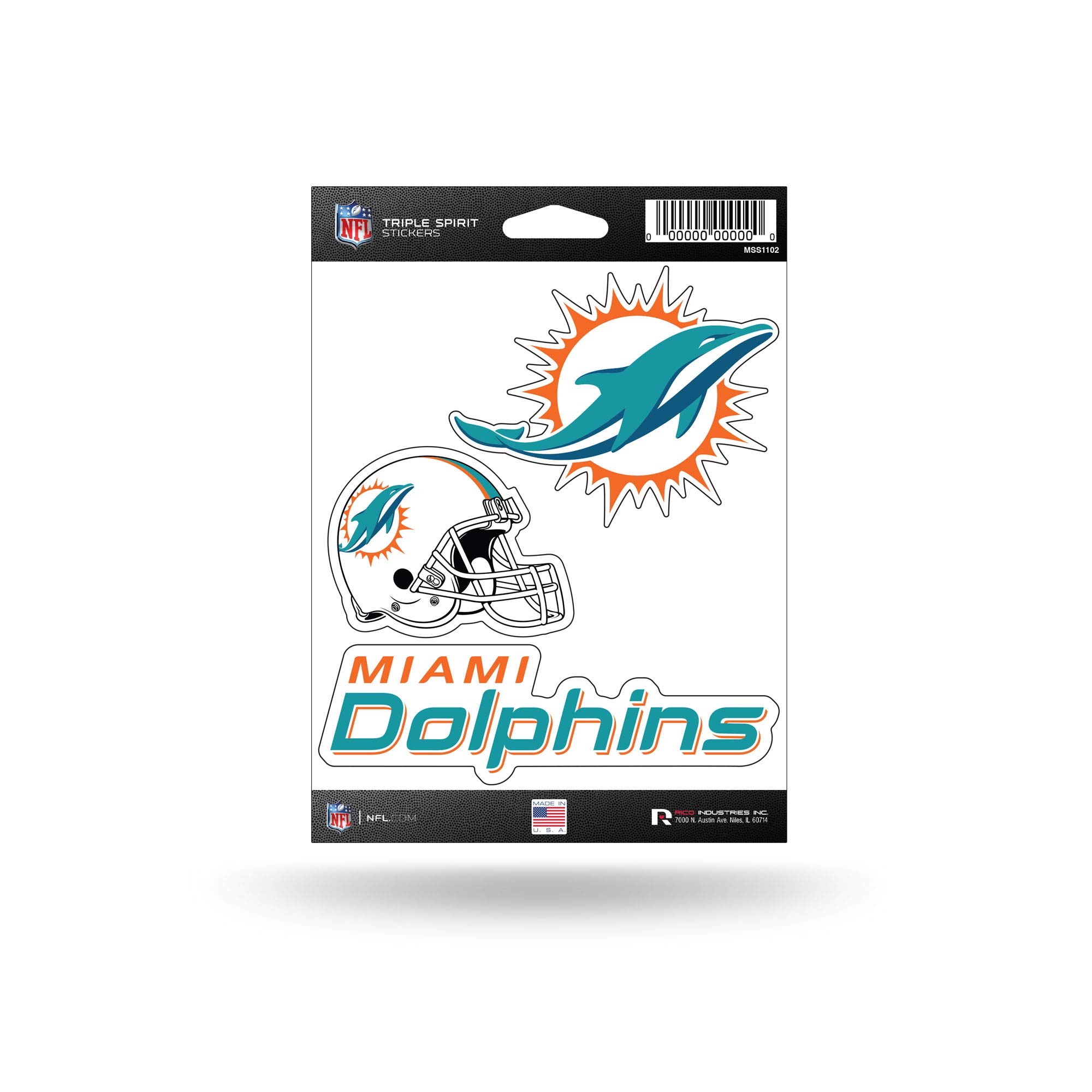 Rico Industries NFL Miami Dolphins Die Cut Triple Spirit Sticker Sheet, One Size, Primary, 3-Piece