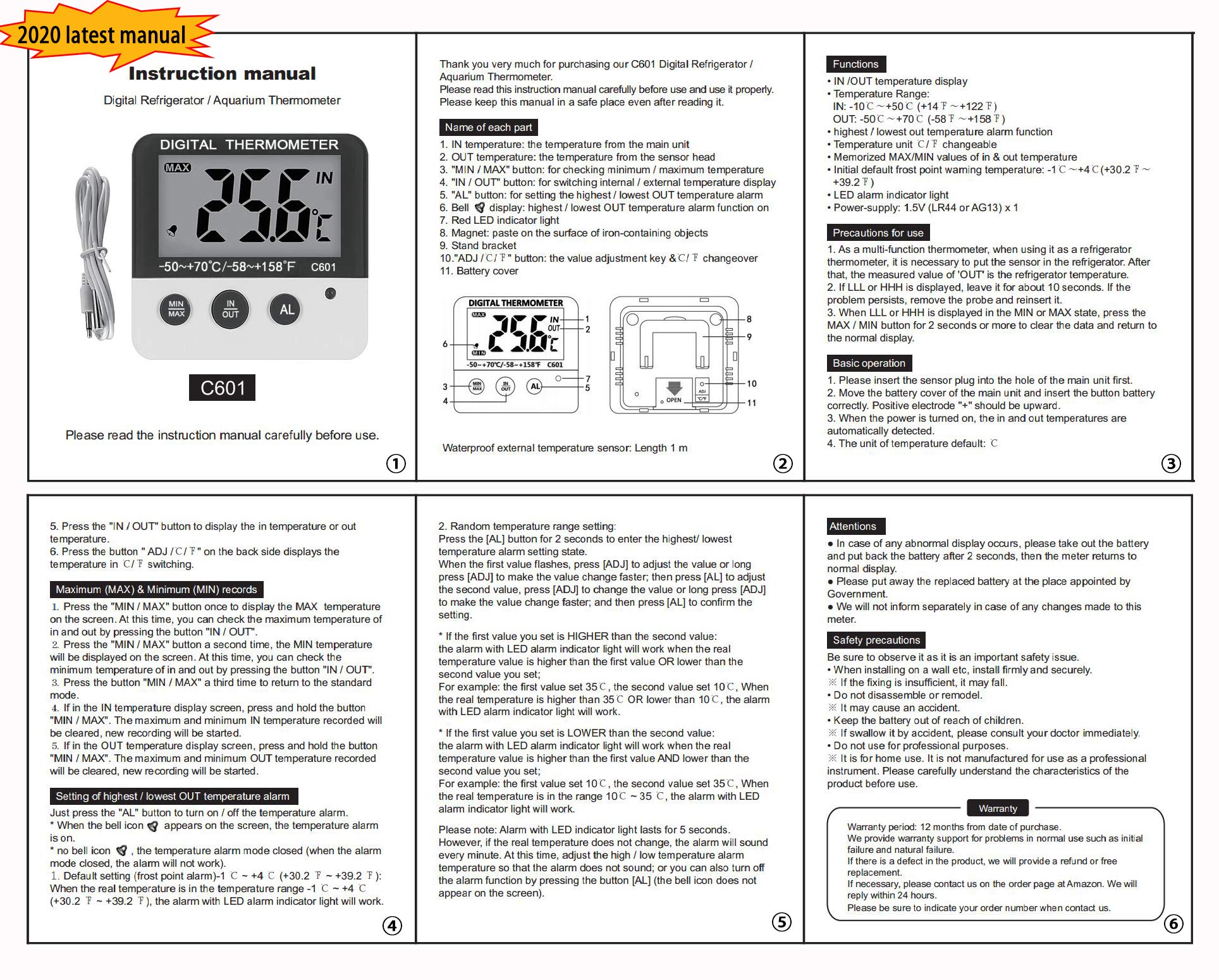 Fridge Freezer Thermometer Max/Min Memory LXSZRPH High & Low Temperature Alarms Settings with LED Indicator Digital Refrigeration Thermometer with Magnetic,Stander (WhiteMeter2pack)