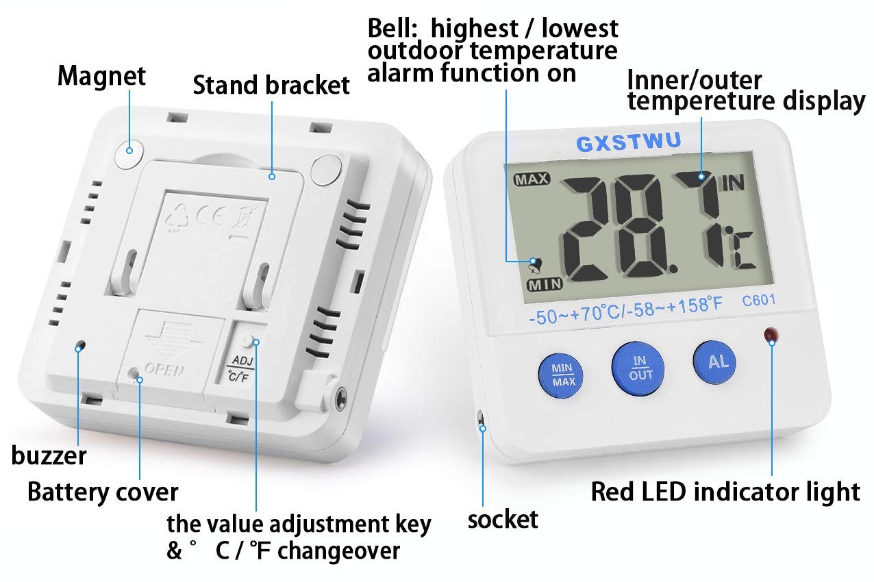 Fridge Freezer Thermometer Max/Min Memory LXSZRPH High & Low Temperature Alarms Settings with LED Indicator Digital Refrigeration Thermometer with Magnetic,Stander (WhiteMeter2pack)