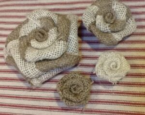 set of four burlap flowers natural and ivory 3" 2" 1" wedding cake topper wreath centerpiece rustic decor outdoor table