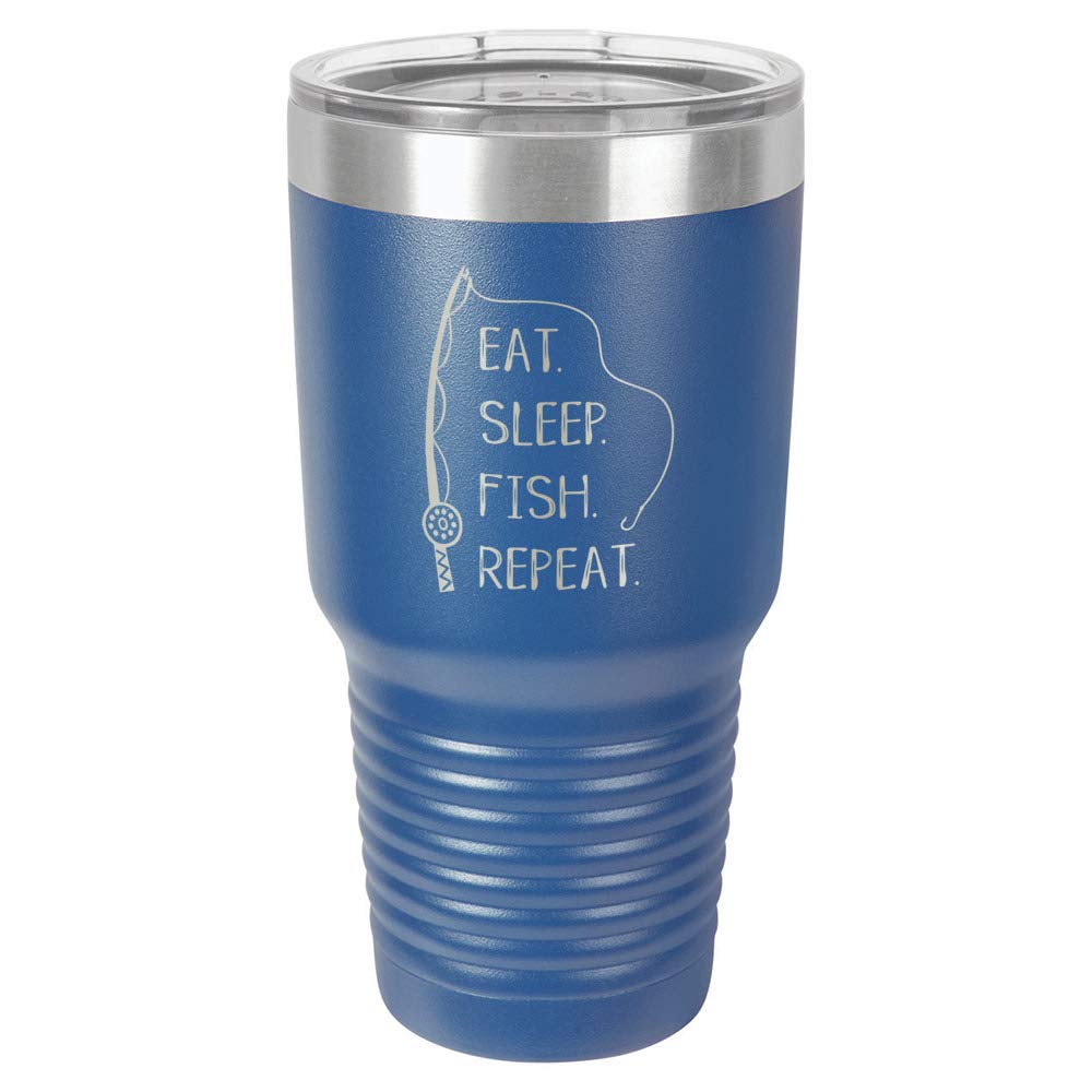 EAT SLEEP FISH REPEAT Blue 30 oz Tumbler With Straw and Slide Top Lid | Stainless Steel Travel Mug | Compare To Yeti Rambler