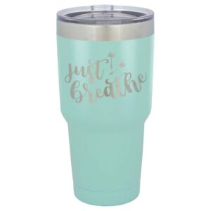 just breathe teal 30 oz tumbler with straw and slide top lid | stainless steel travel mug | compare to yeti rambler