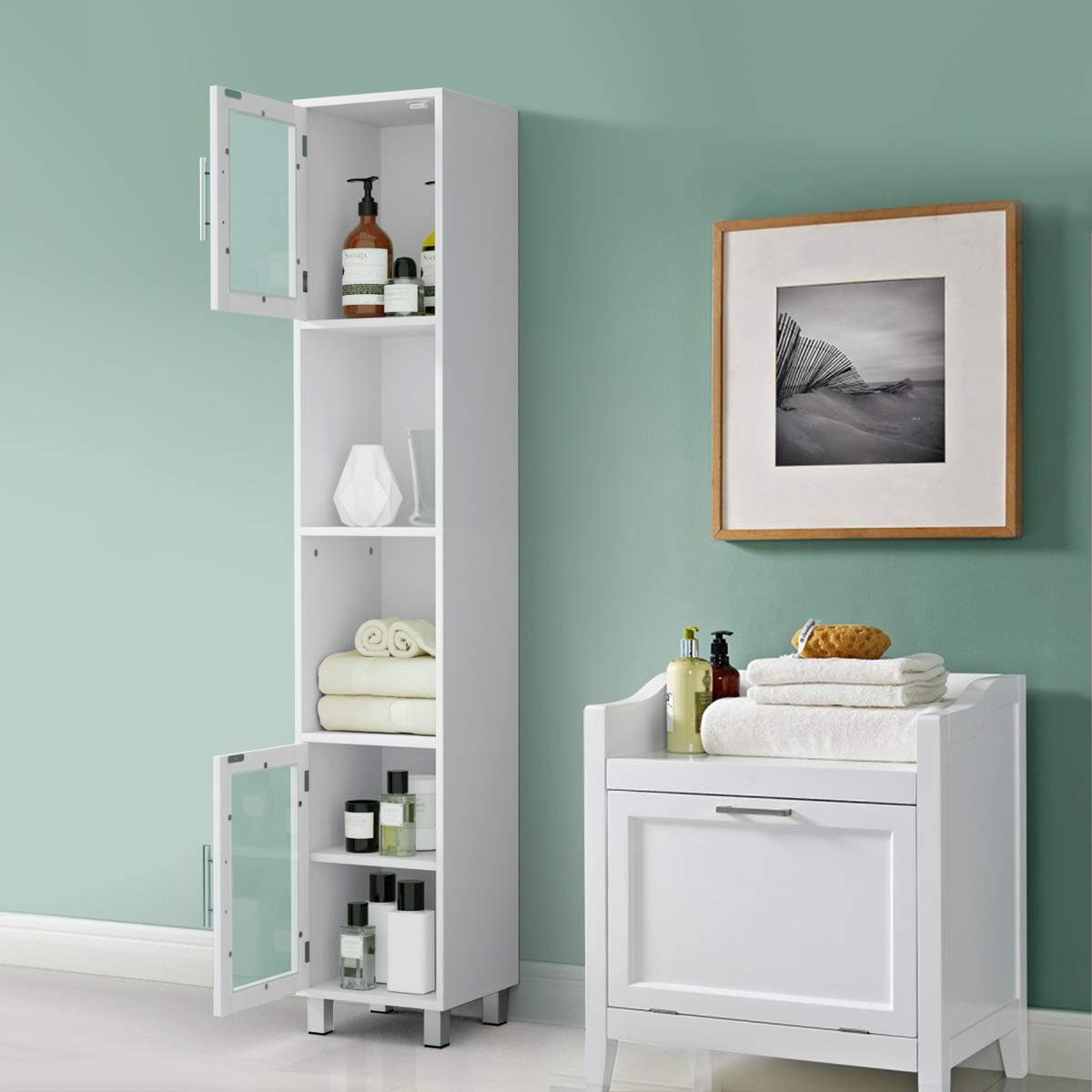 Tangkula Tall Bathroom Cabinet, Home Living Room Wood Storage Cabinet Free Standing w/ 4 Shelves and 2 Glass-Paneled Doors Suitable Tall Bathroom Cabinet