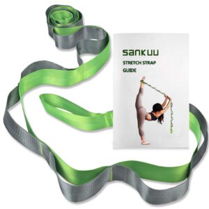 sankuu yoga straps stretching strap with 12 loops workout poster, straps for stretching physical therapy equipment long stretch out bands for exercise, pilates and gymnastics for women men (green)