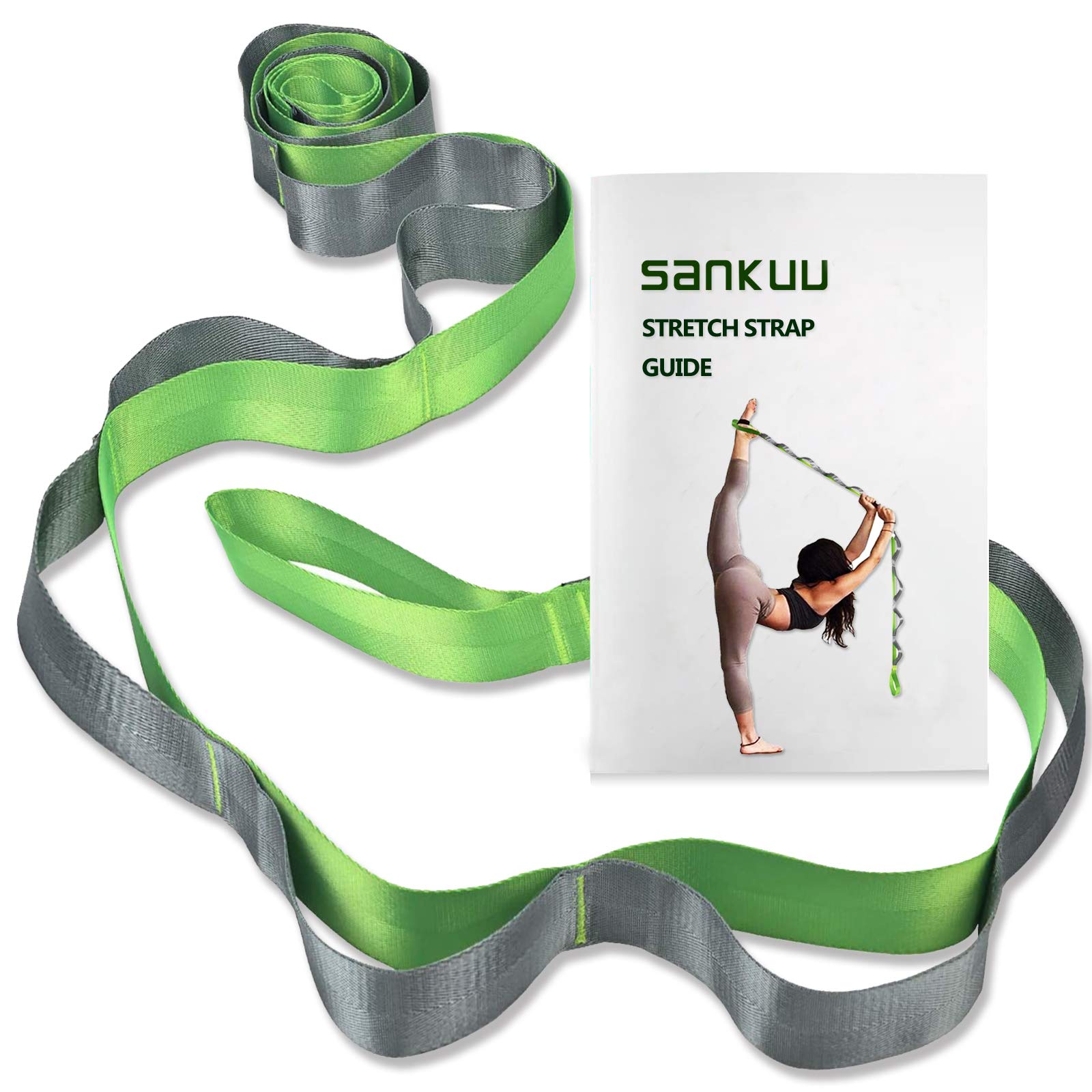 SANKUU Yoga Straps Stretching Strap with 12 Loops Workout Poster, Straps for Stretching Physical Therapy Equipment Long Stretch Out Bands for Exercise, Pilates and Gymnastics for Women Men (Green)